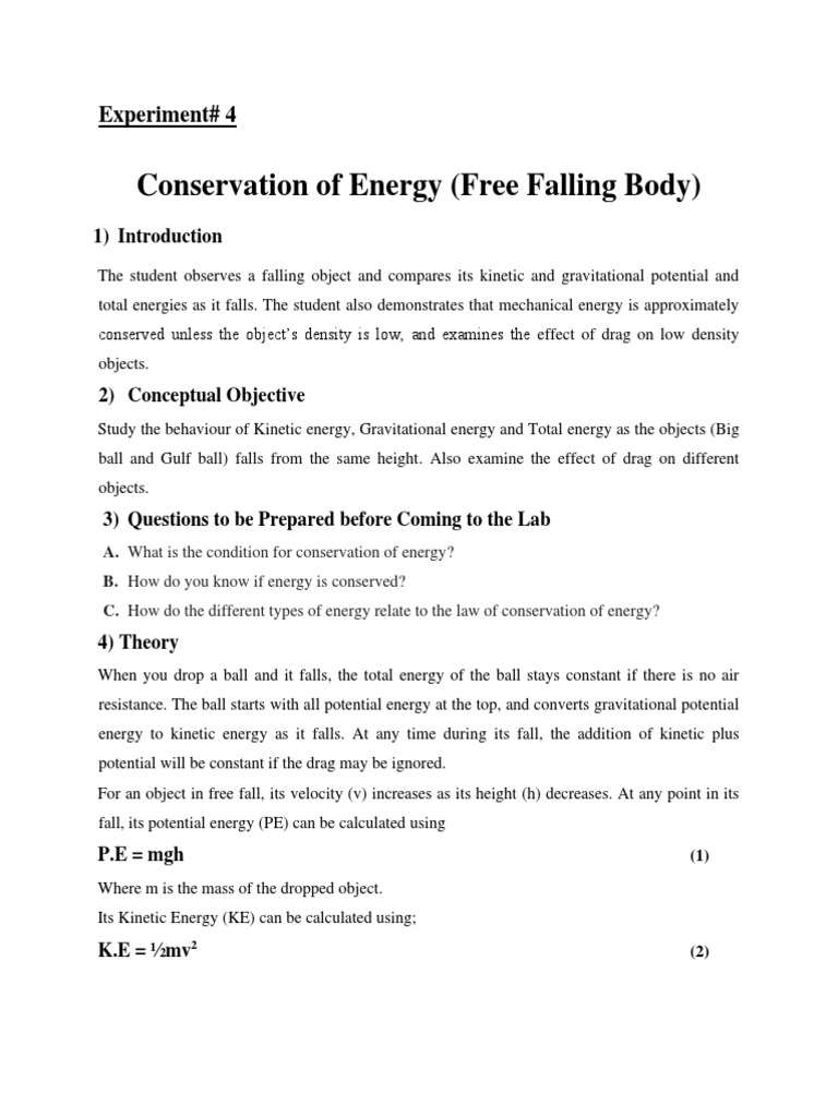 Conservation of Energy in Free Fall | PDF | Kinetic Energy | Potential ...