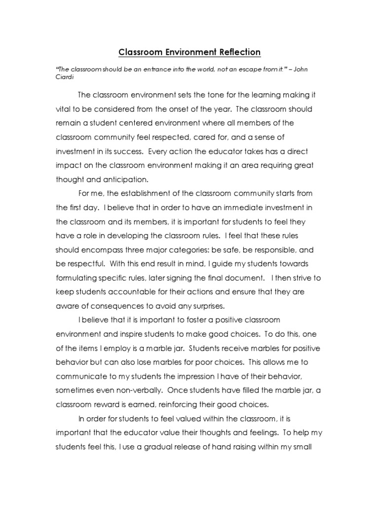 Classroom Environment Reflection | PDF | Classroom | Teachers