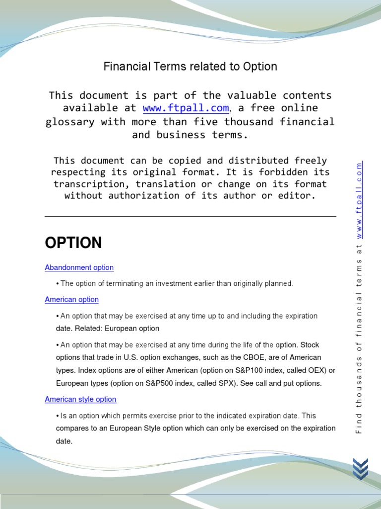 Option: Financial Terms Related To Option | PDF | Put Option | Option ...