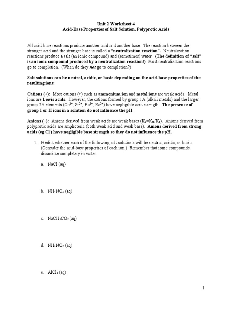 Acid, Base and Salts Worksheet | PDF | Salt (Chemistry) | Acid