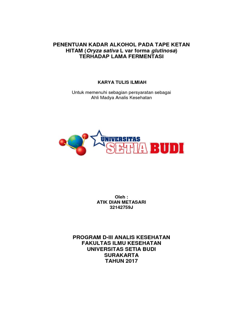 Atik, Dian Metasari " Penentuan Alkohol Pada Tape Ketan Hitam (Oryza Sativa Forma Glutinosa ...