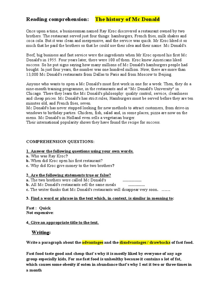 The History of MC Donald Reading Comprehension Corrected Version | PDF ...
