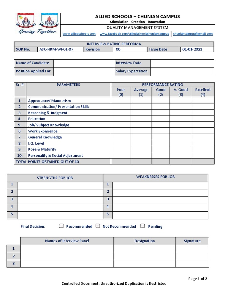 01-01-07 Interview Rating Performa | PDF | Teachers | Learning