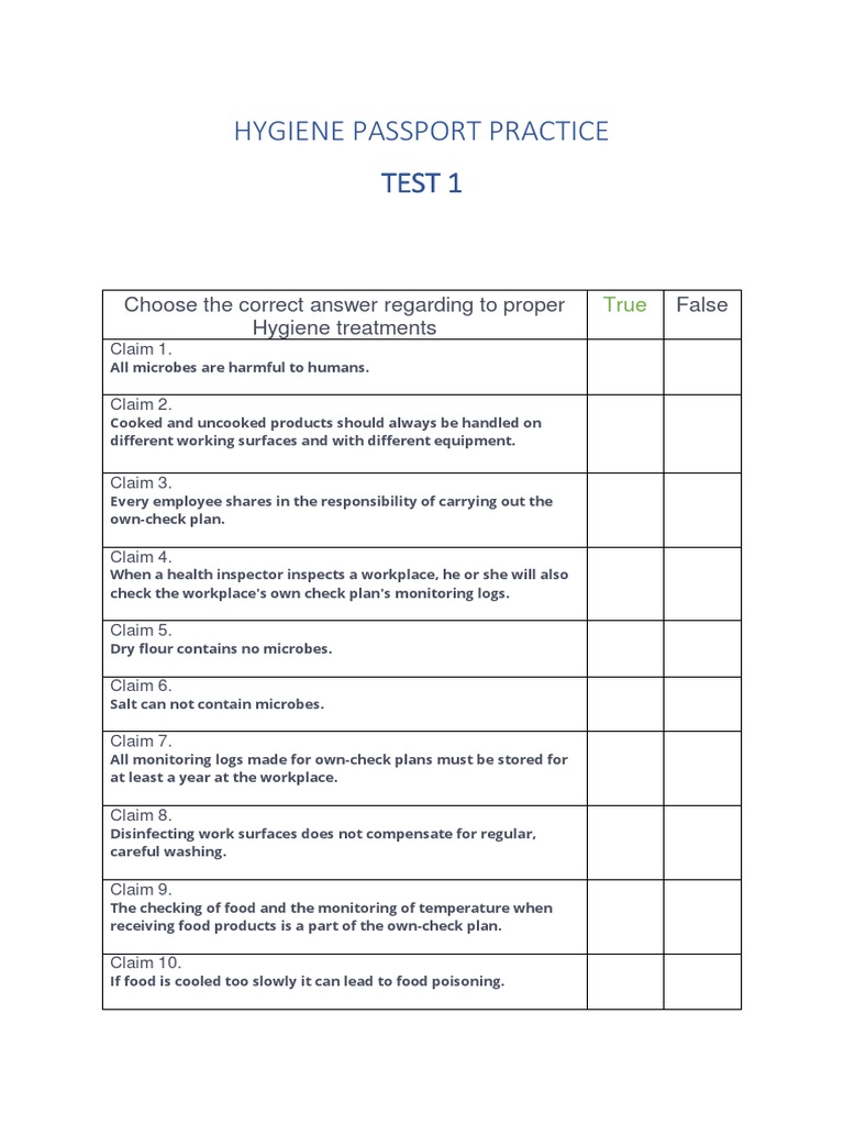 Hygiene Passport Practice Test 1: Choose The Correct Answer Regarding ...