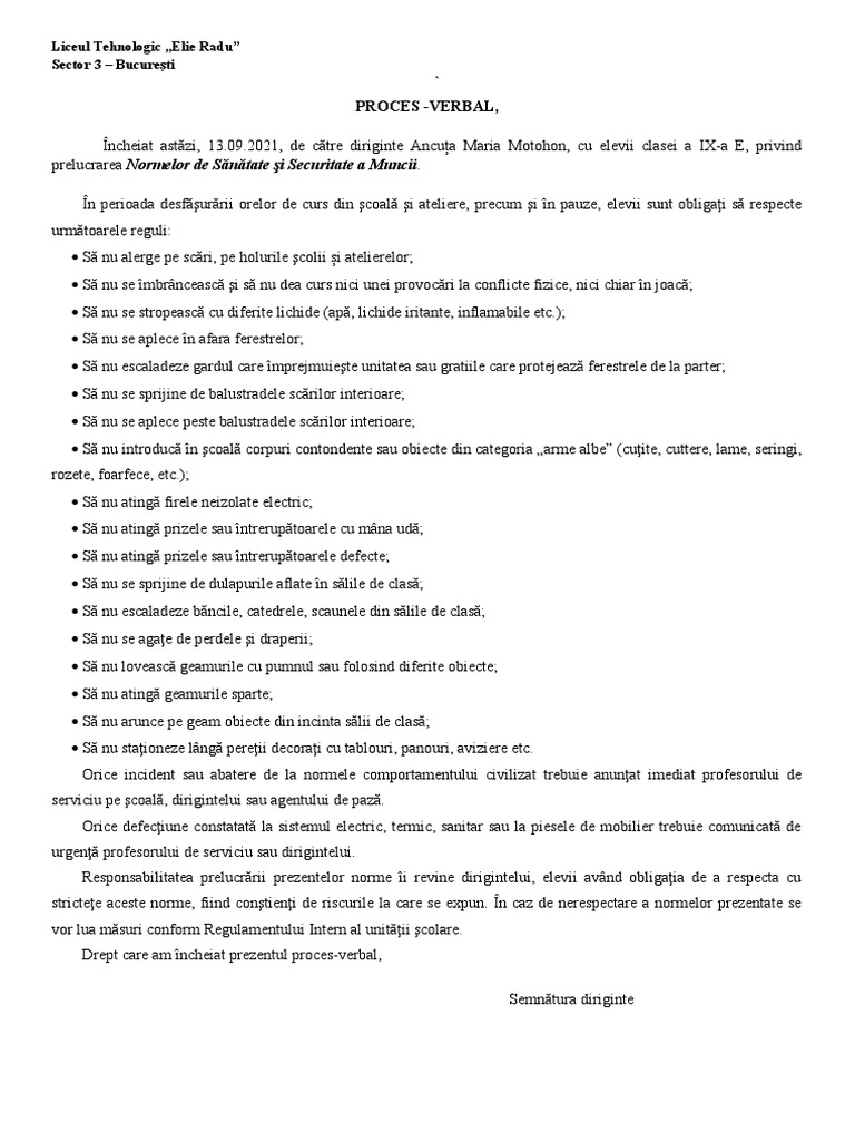 Procese Verbale Pentru Diriginti 9 09 2021 | PDF