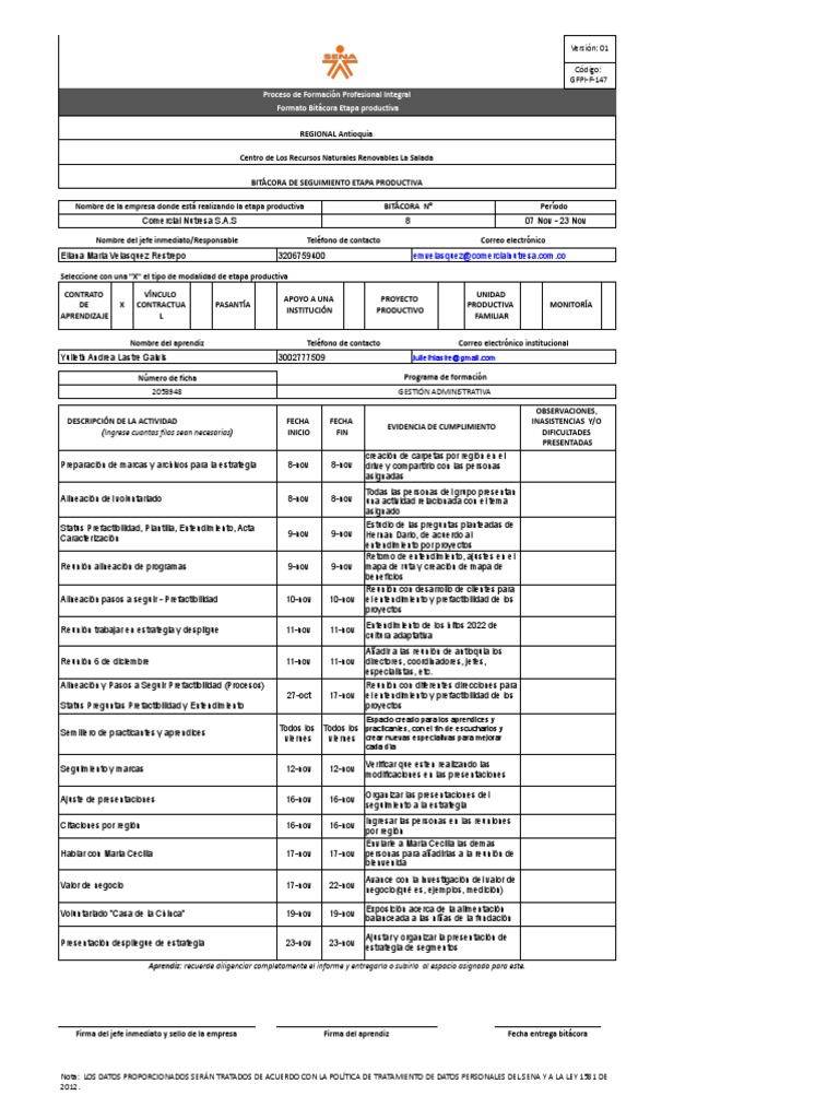 Bitácora Seguimiento 8.xlsx - Formato Bitácora | PDF | Blog