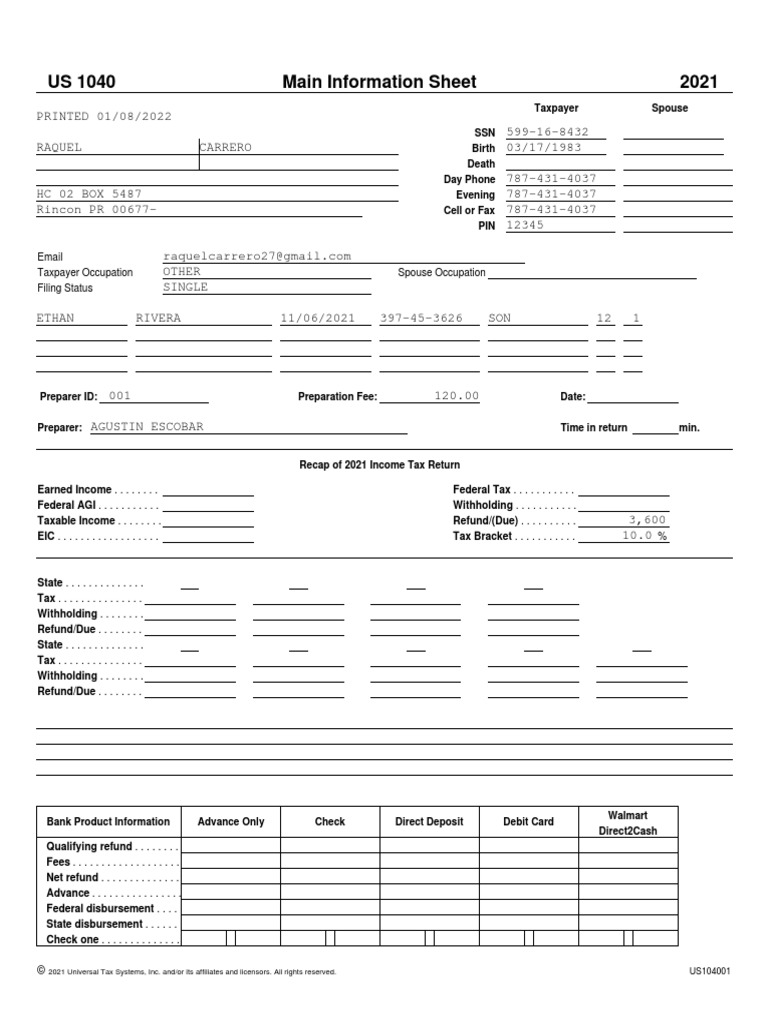 US 1040 Main Information Sheet 2021: Email Taxpayer Occupation Spouse ...
