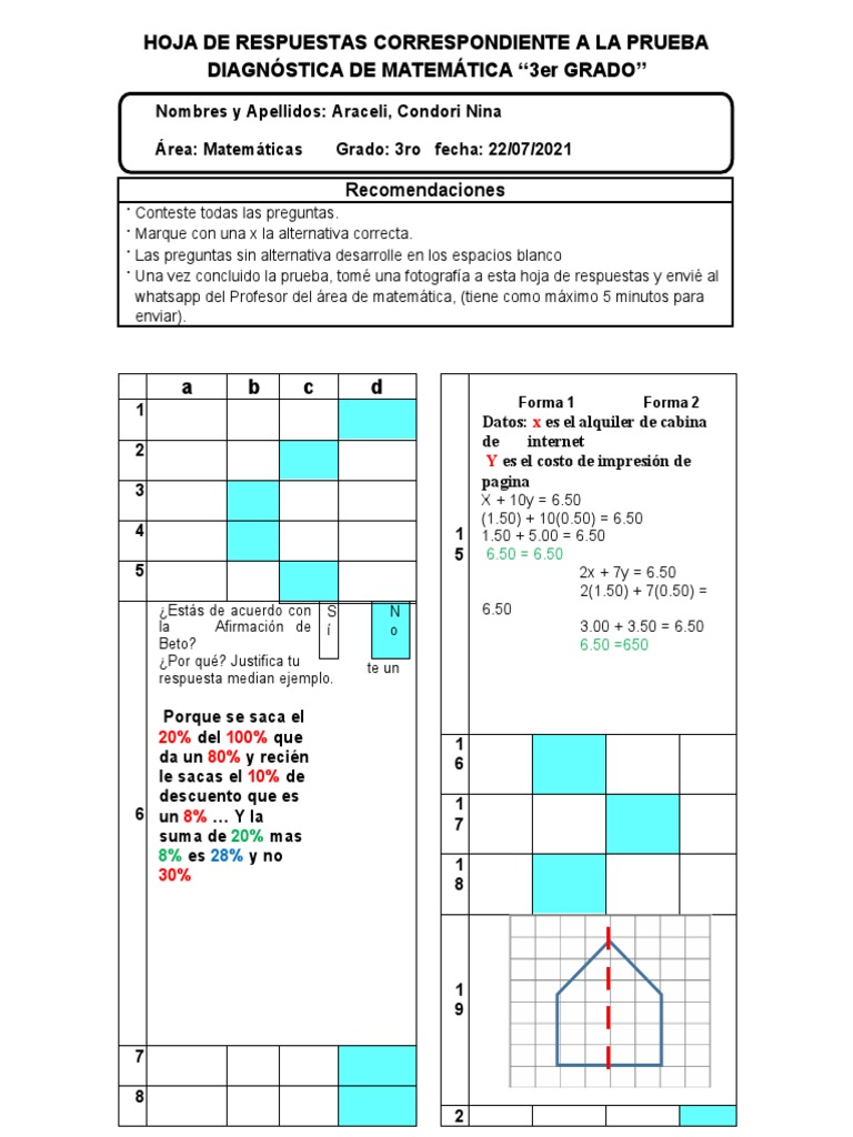 Hoja de Respuestas Correspondiente A La Prueba Diagnóstica de ...