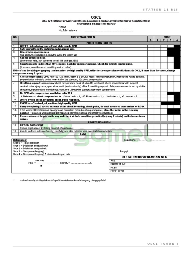 Checklist OSCE Station 11 BLS (2019) | PDF | Cardiopulmonary ...
