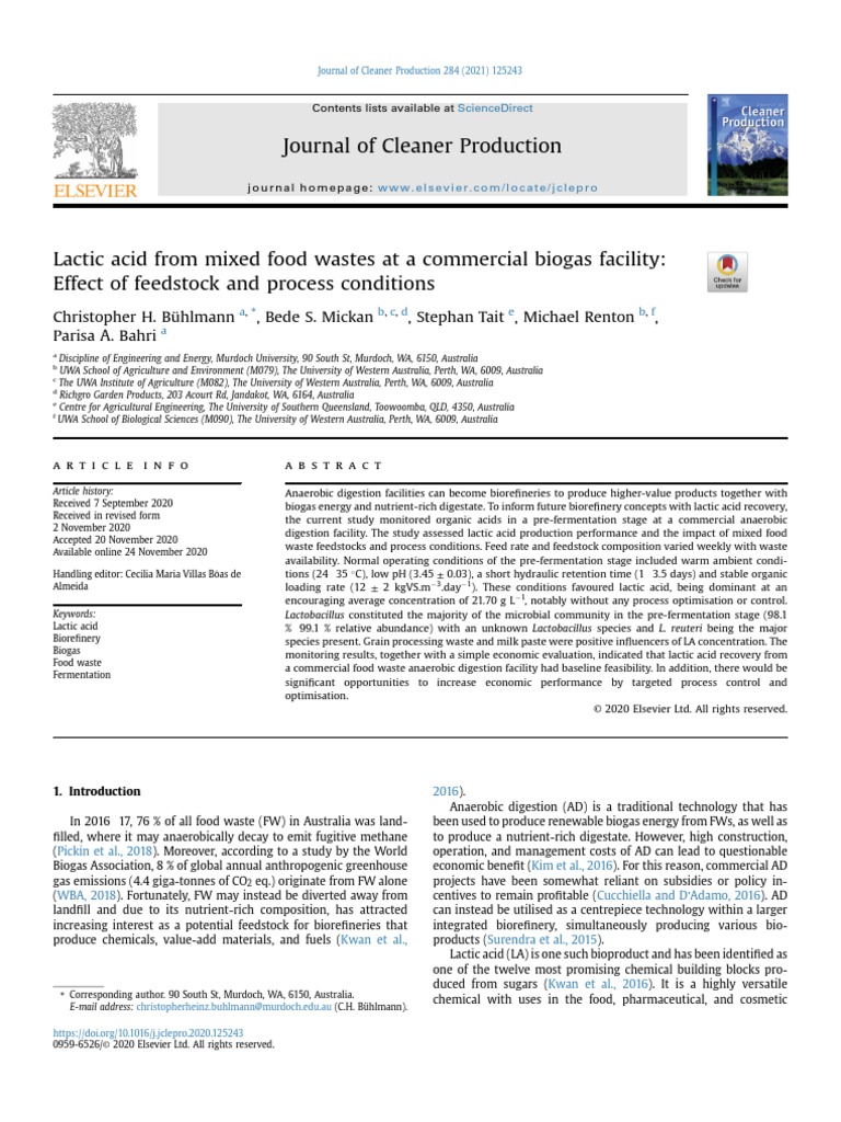 Journal of Cleaner Production: Christopher H. Bühlmann, Bede S. Mickan ...