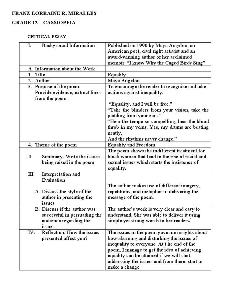 A Critical Analysis of Maya Angelou's Poem 'Equality' | PDF | Maya ...