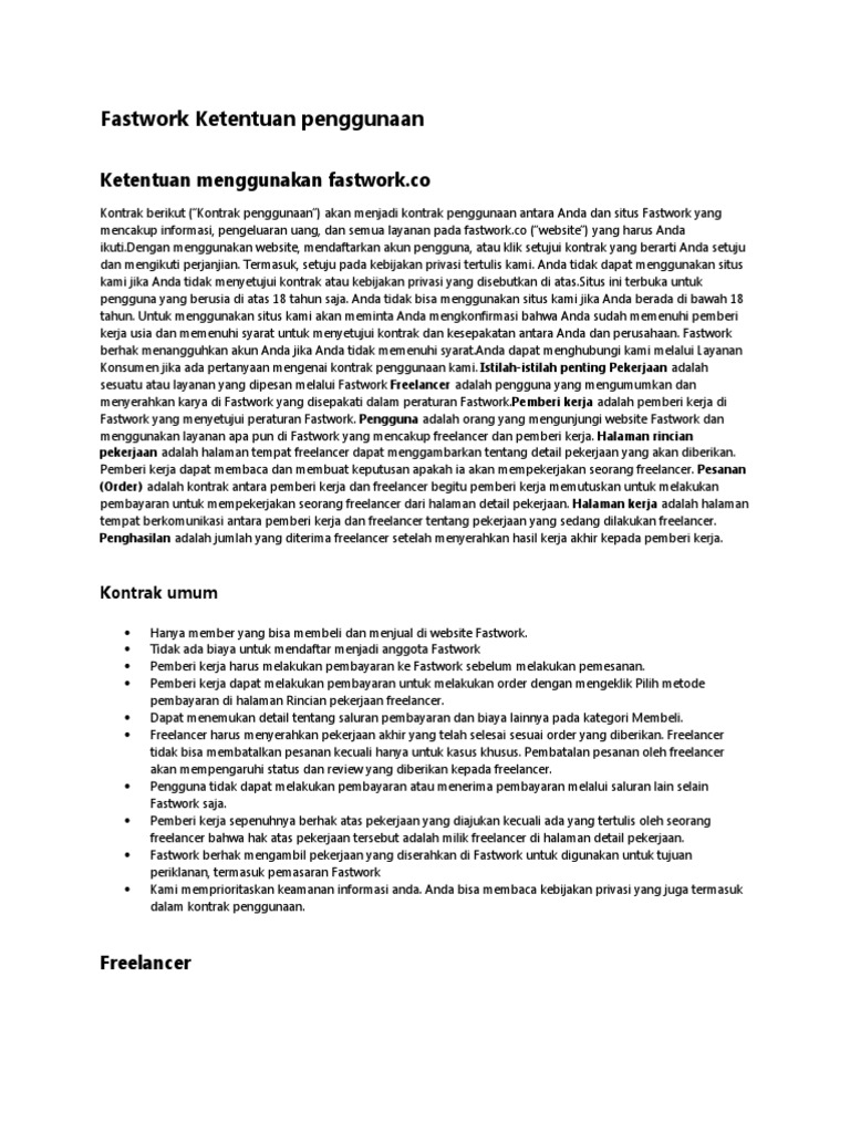 Fastwork Ketentuan Penggunaan | PDF