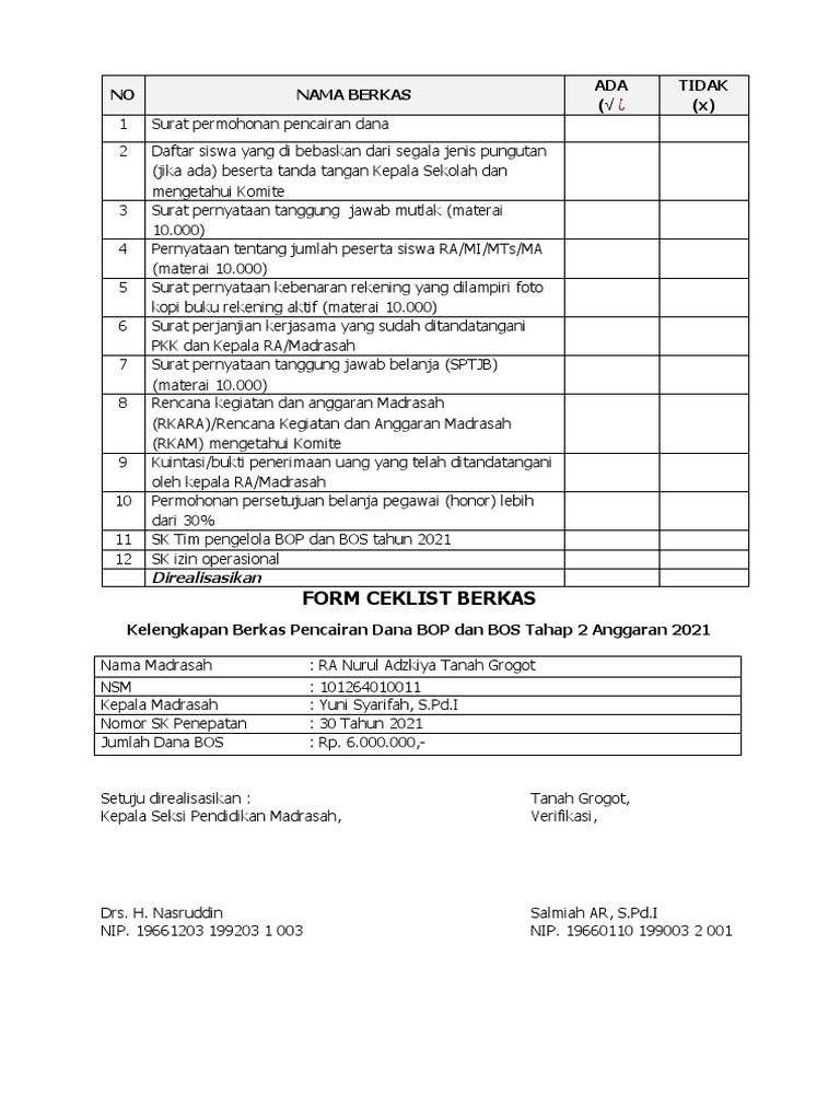 0 Form Checklist Berkas Dana BOS Tahap I 2021 New | PDF