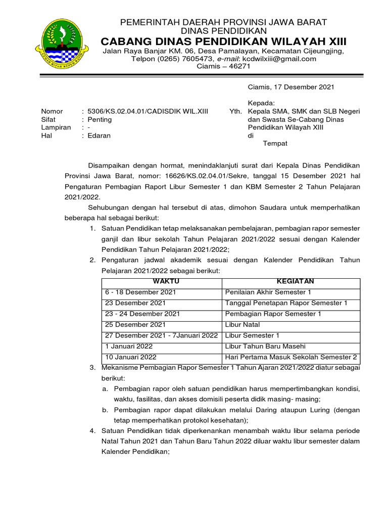 Surat Edaran Pembagian Rapor Libur SMT 1 Dan KBM SMT 2 | PDF