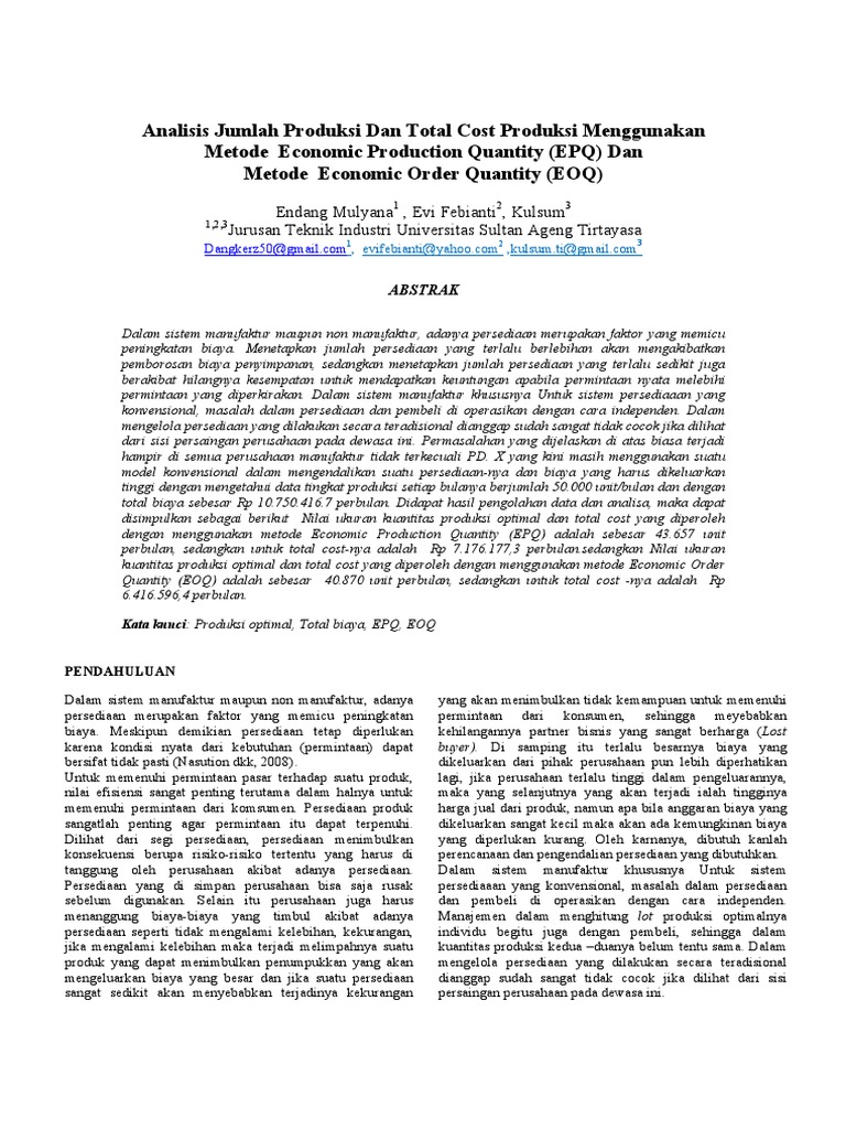 Analisis Jumlah Produksi Dan Total Cost Produksi Menggunakan Metode Economic Production Quantity
