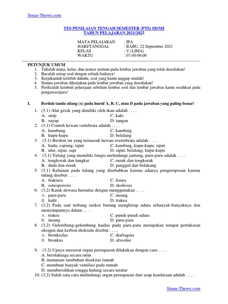 Soal & Jawaban PTS IPA Kelas 5 Semester 1 Tahun 2021 Sinau-Thewe | PDF