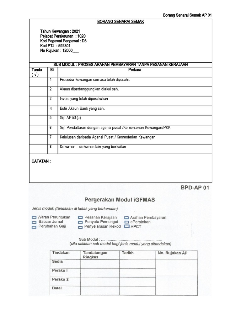 Borang Senarai Semak AP01 AP TANPA PT | PDF