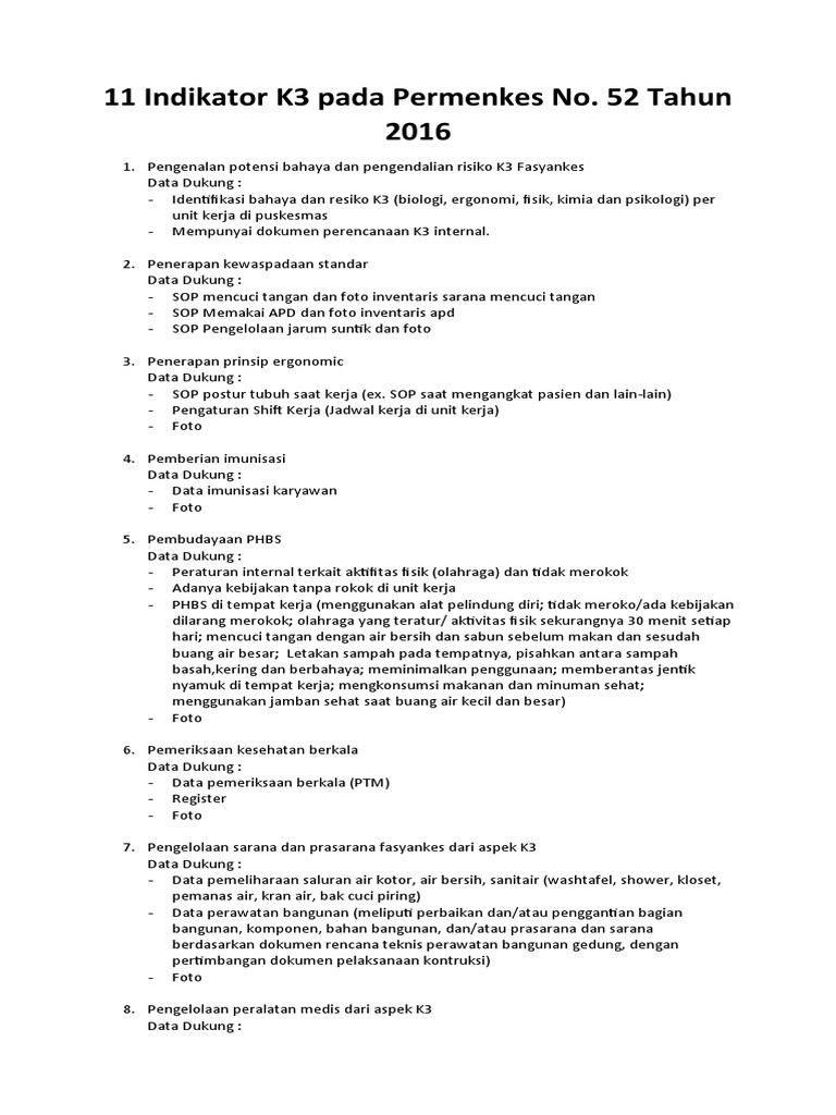 11 Indikator K3 Pada Permenkes No | PDF