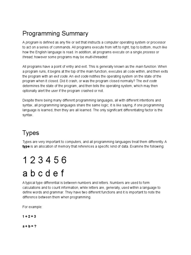 1 2 3 4 5 6 Abcdef: Programming Summary | PDF | Variable (Computer Science) | Subroutine