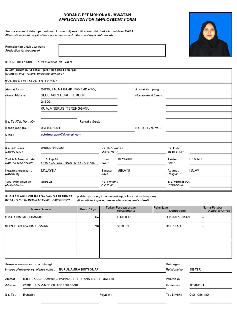 Contoh Borang Permohonan Kerja | PDF