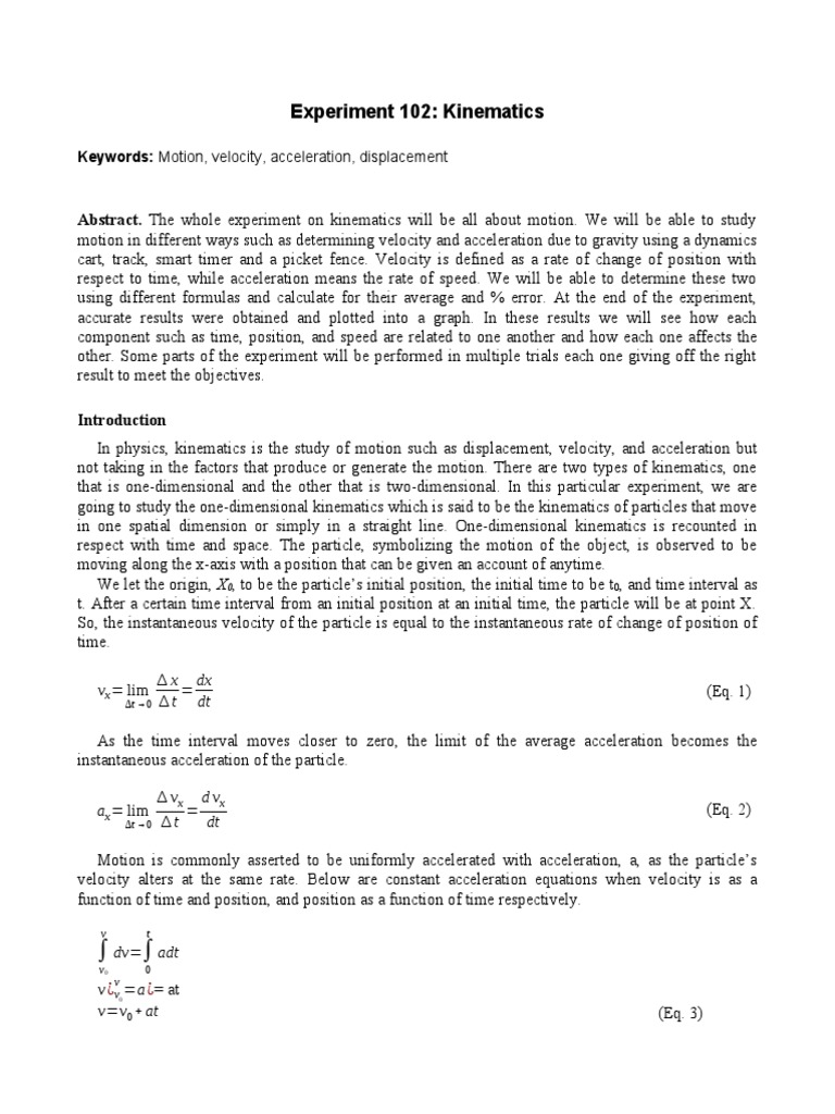 Experiment 102: Kinematics | PDF | Kinematics | Velocity