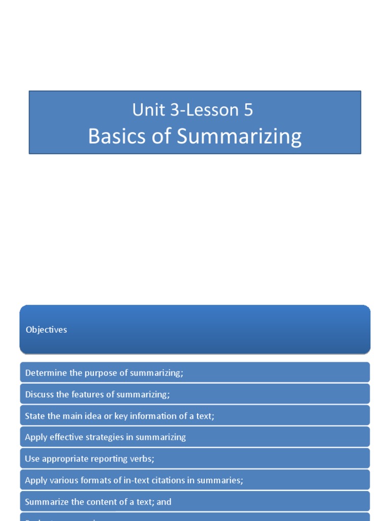Unit 3-Lesson 5-Basics of Summarizing | PDF | Syntax | Cognitive Science