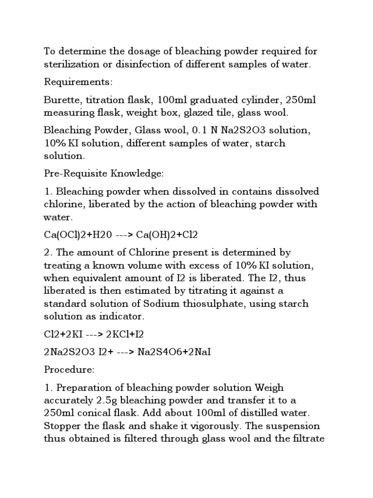 Bleaching Powder Dosage for Water Disinfection | PDF | Chemistry ...