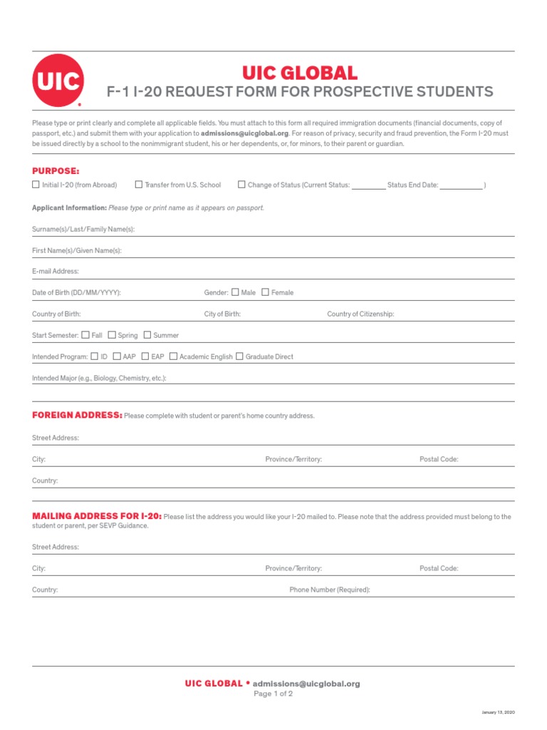 Uic Global: F-1 I-20 Request Form For Prospective Students | PDF ...
