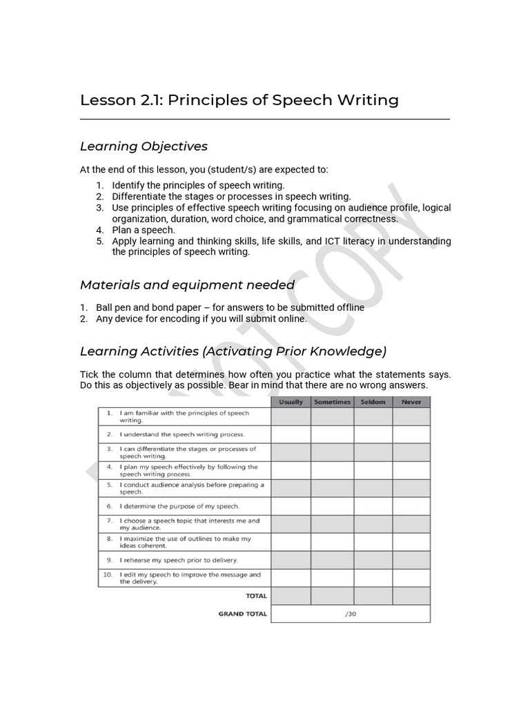Lesson 2.1 Principles of Speech Writing | PDF | Waste | Literacy
