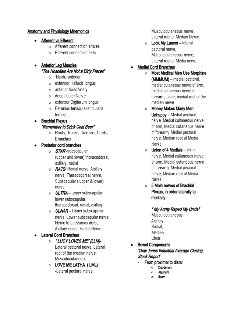 Anatomy and Physiology Mnemonics | PDF | Arm | Neuroanatomy