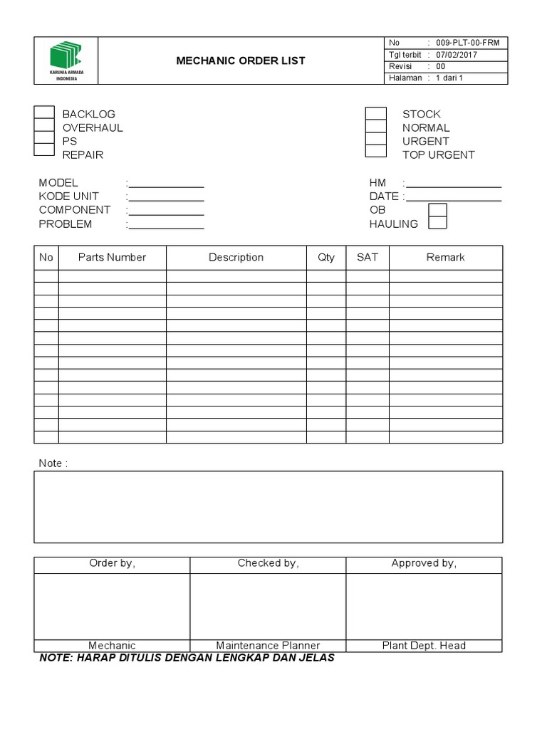 Mechanic Order List Template | PDF