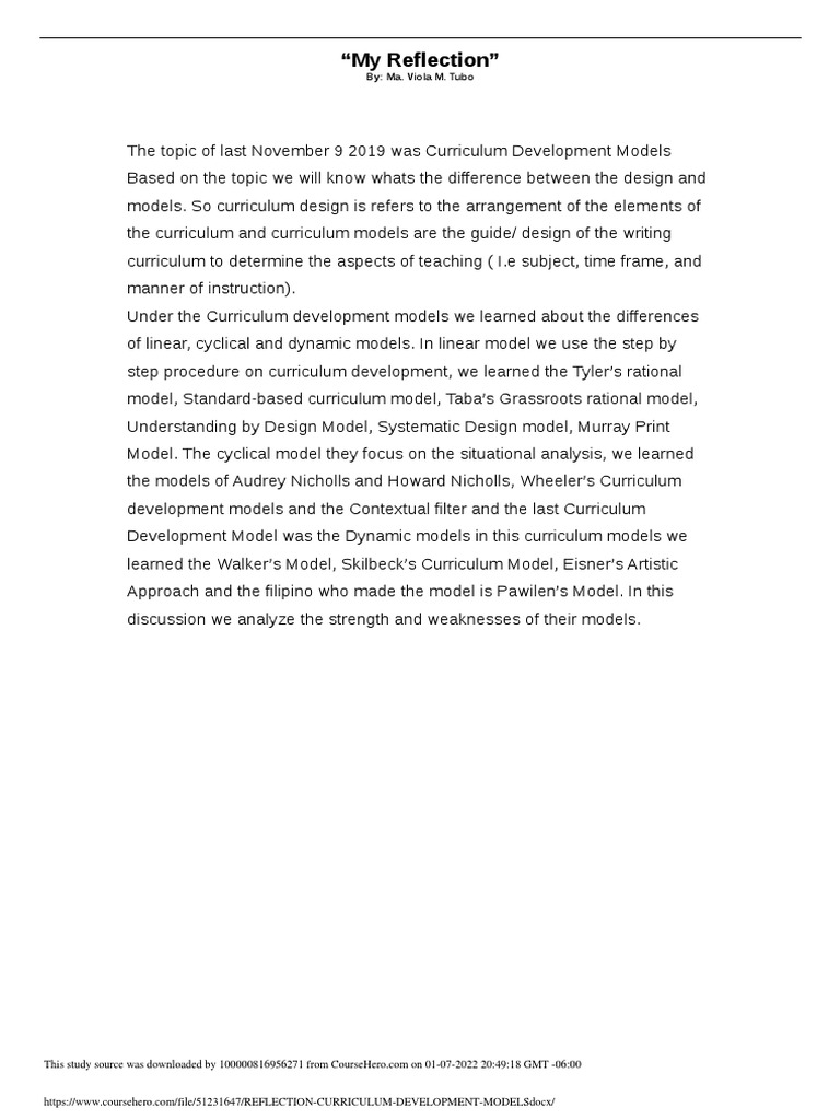 Reflection Curriculum Development Models | PDF | Curriculum | Cognition