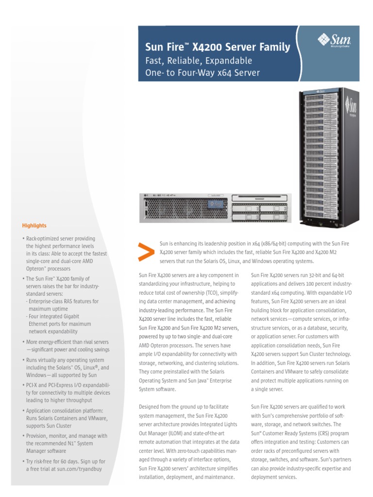 Sun Fire™ X4200 Server Family: Fast, Reliable, Expandable One-To Four-Way x64 Server | PDF | 64 ...