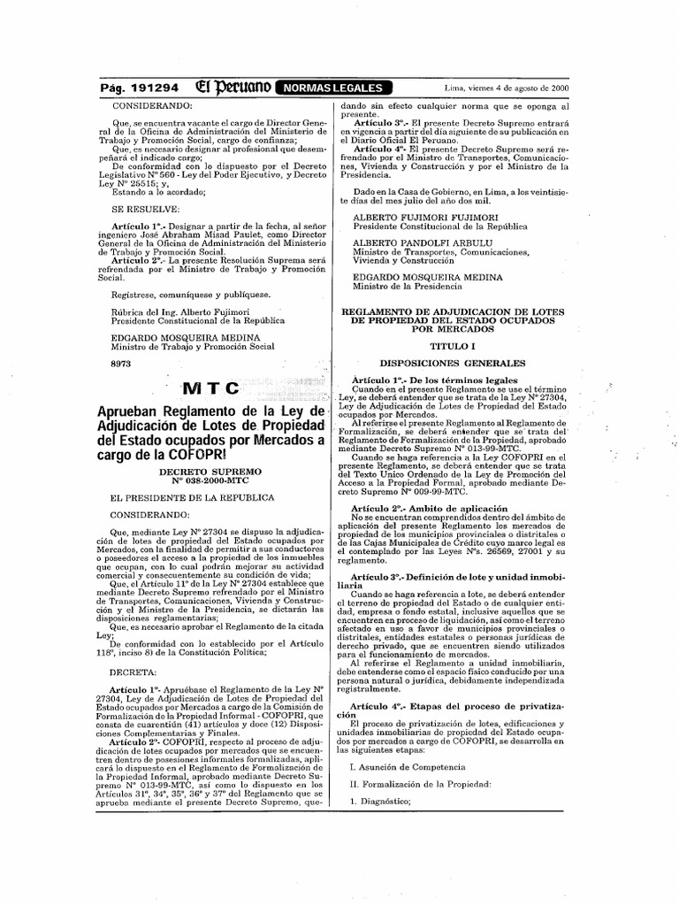 Ds 038 2000 MTC Reglamento de La Ley de Adjudicacion de Mercados | PDF