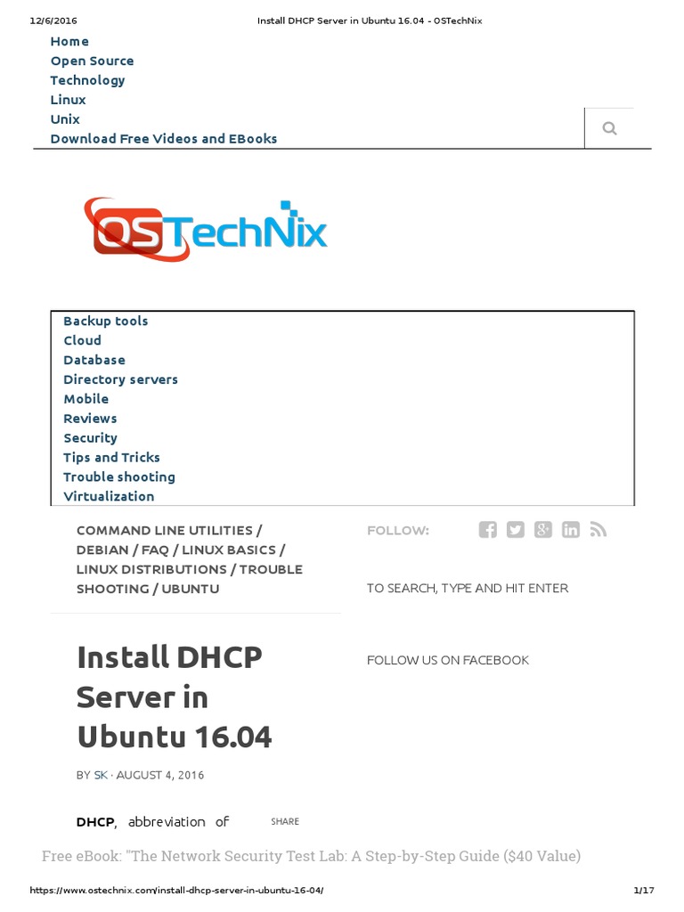 Install DHCP Server in Ubuntu 16 | PDF | Ip Address | Computer Network