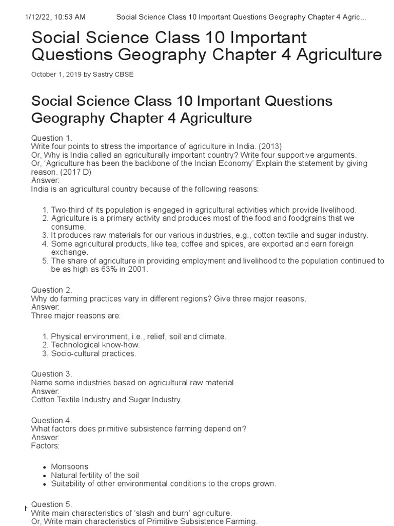 Social Science Class 10 Important Questions Geography Chapter 4 ...