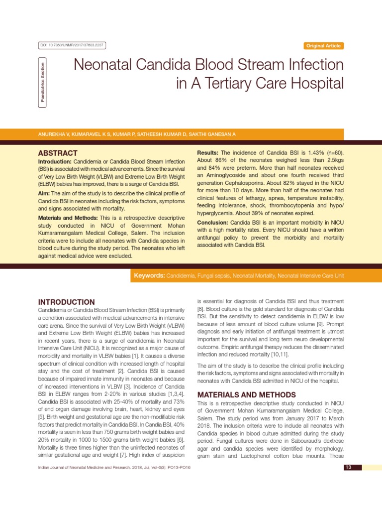 Neonatal Candida Blood Stream Infection in A Tertiary Care Hospital ...