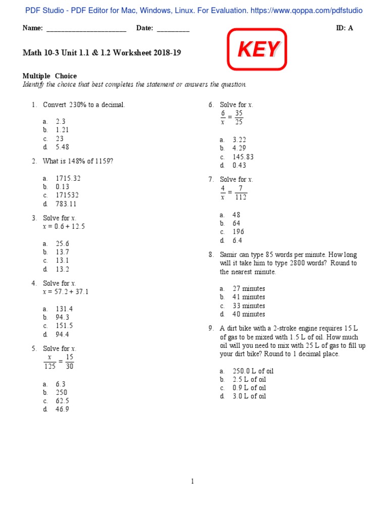Math 10-3 Unit 1.1 - 1.2 Worksheet W - KEY 2018-19 | PDF | Ratio | Length