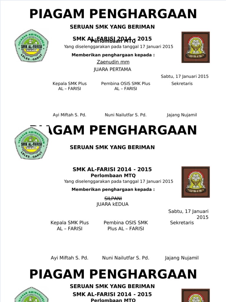 Dokumen - Tips - Piagam Penghargaan Lomba MTQ | PDF