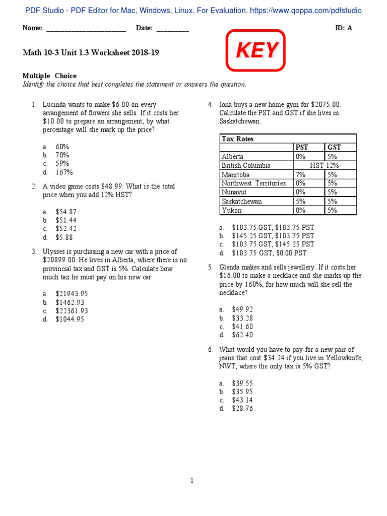 Math 10-3 Unit 1.3 Worksheet W - KEY | PDF | Taxes | Government Finances