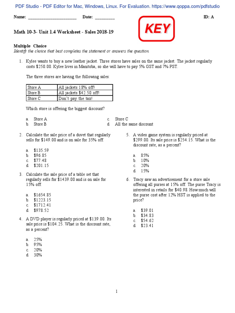 Math 10-3 Unit 1.4 Worksheet - Sales 2018-19 W - KEY | PDF | Market ...