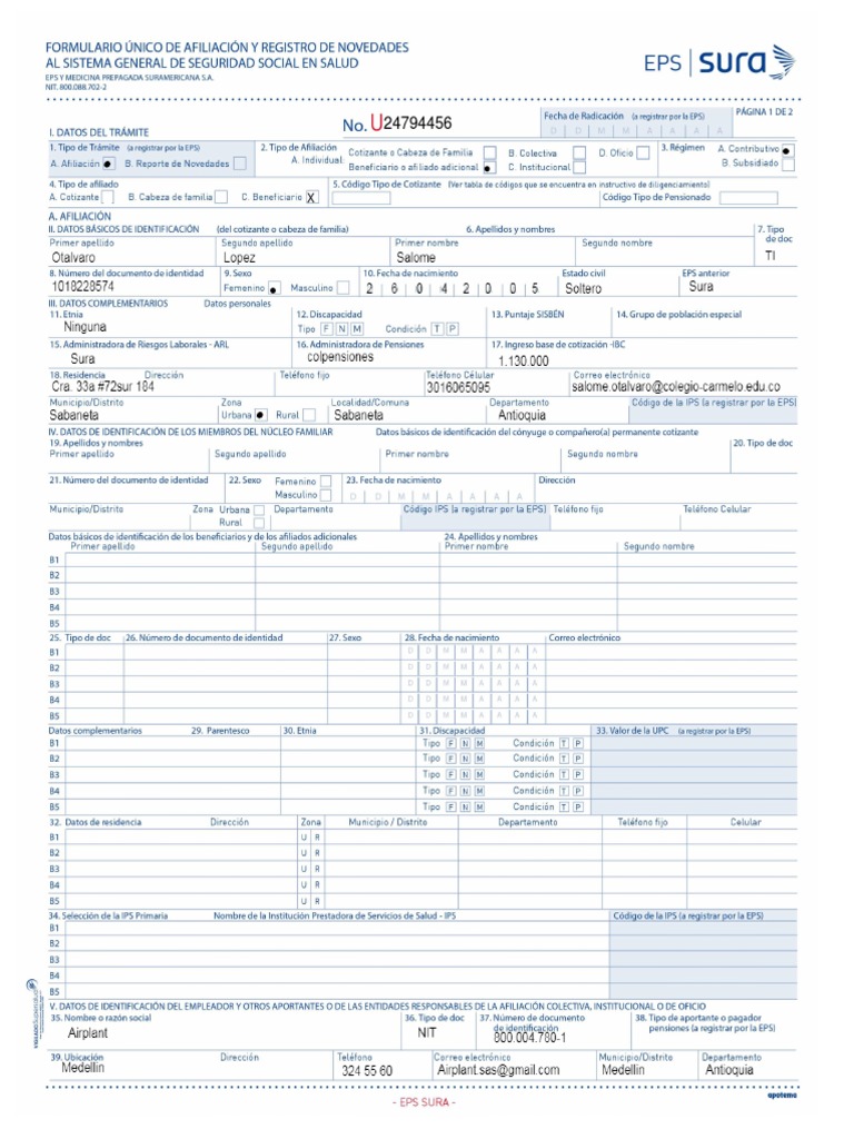 EPS Sura - Formulario | PDF