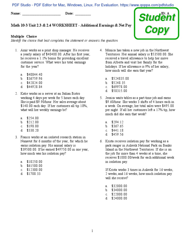 Math 10-3 Unit 2.3 - 2.4 Worksheet - Additional Earnings - Pay 2018-19 ...