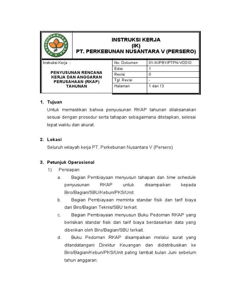 01-Ik Penyusunan Rencana Kerja Dan Anggaran Perusahaan (Rkap | PDF