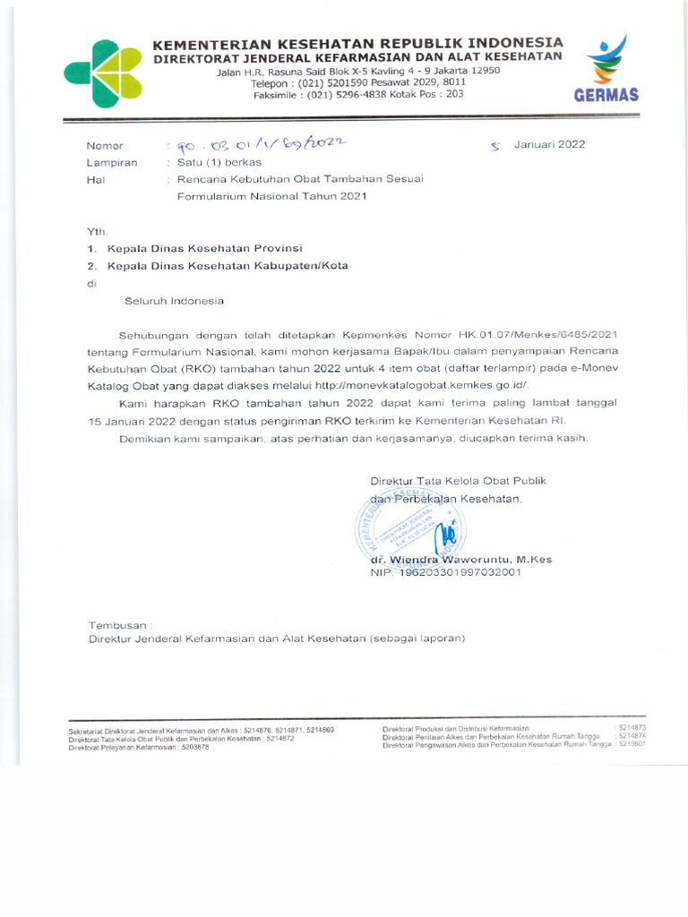 Surat Rencana Kebutuhan Obat (RKO) Tambahan Fornas-Dinkes | PDF