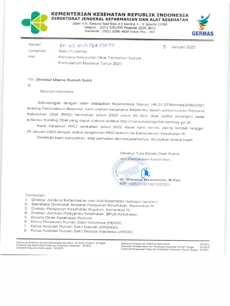 Surat Rencana Kebutuhan Obat (RKO) Tambahan Fornas-Rumah Sakit | PDF