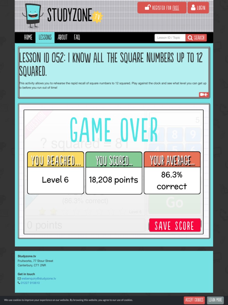 I Know All The Square Numbers Up To 12 Squared. Interactive Game Lesson ...