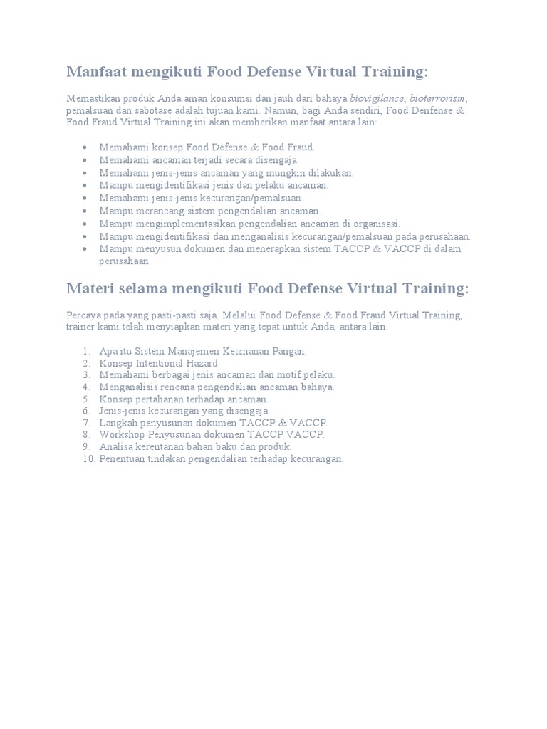 Manfaat Mengikuti Food Defense Virtual Training | PDF