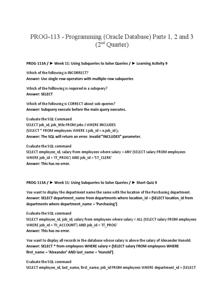 Oracle Database Programming Parts 1-3 Quiz | PDF | Pl/Sql | Sql