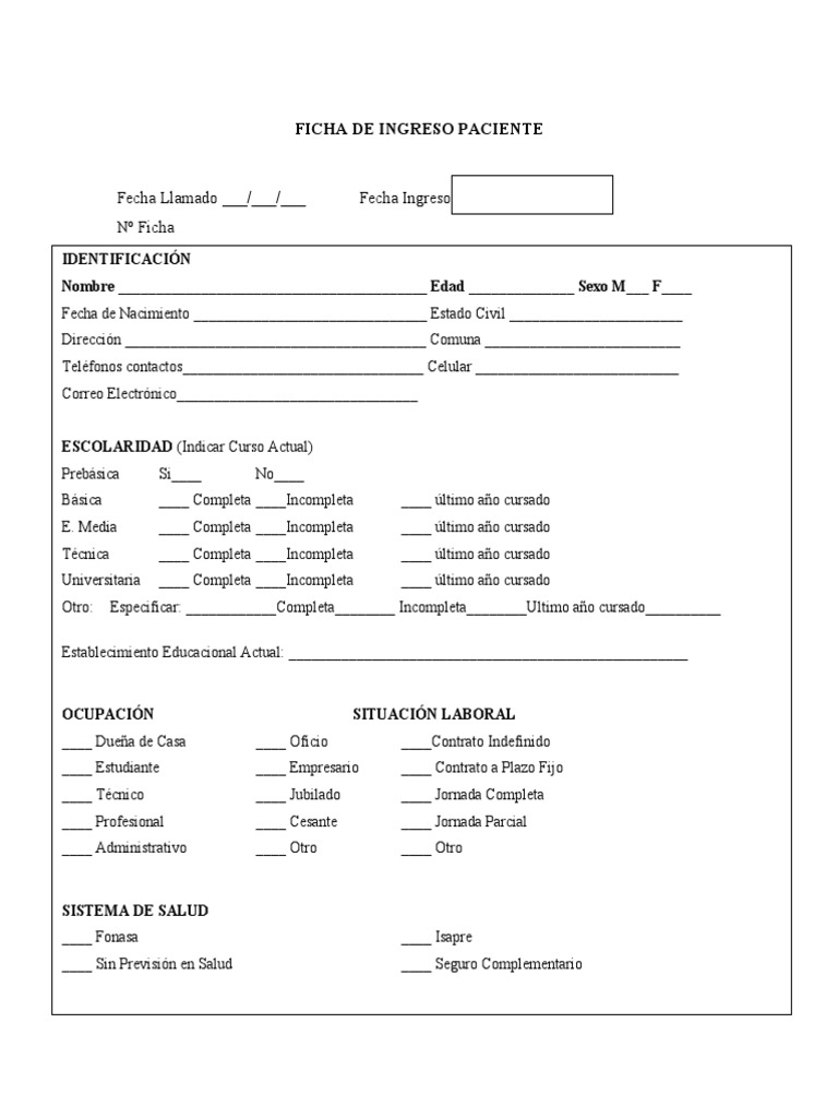 Ejemplo De Formulario De Admisión De Pacientes